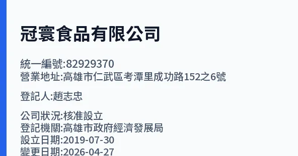 冠寰食品有限公司的照片-統編 82929370(高雄市) 公司登記資料與營業項目詳細圖表