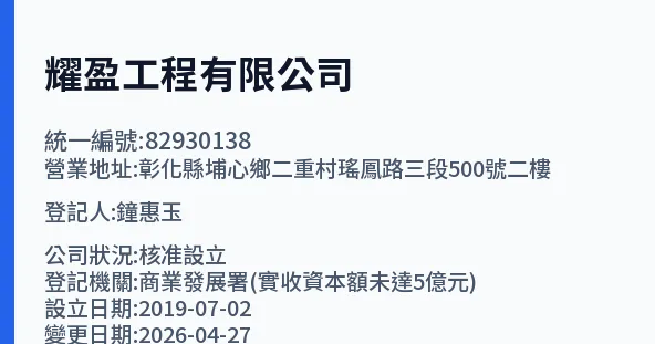 耀盈工程有限公司的照片-統編 82930138(彰化縣) 公司登記資料與營業項目詳細圖表