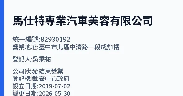 馬仕特專業汽車美容有限公司的照片-統編 82930192(臺中市) 公司登記資料與營業項目詳細圖表