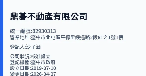 鼎碁不動產有限公司的照片-統編 82930313(臺中市) 公司登記資料與營業項目詳細圖表