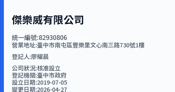 傑樂威有限公司的照片-統編 82930806(臺中市) 公司登記資料與營業項目詳細圖表