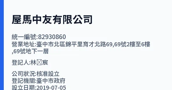 屋馬中友有限公司的照片-統編 82930860(臺中市) 公司登記資料與營業項目詳細圖表