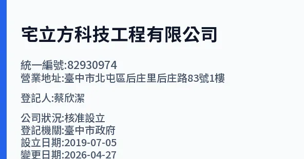 宅立方科技工程有限公司的照片-統編 82930974(臺中市) 公司登記資料與營業項目詳細圖表