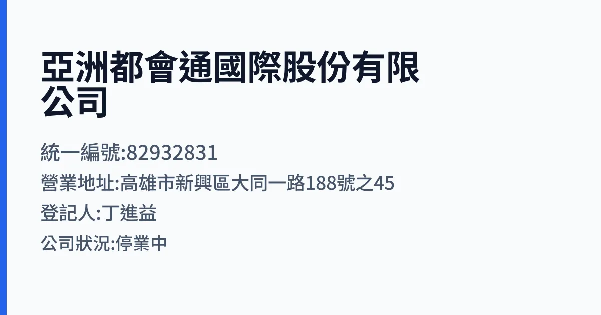 亞洲都會通國際股份有限公司 - 統編 82932831(高雄市) 公司登記資料與營業項目詳細圖表