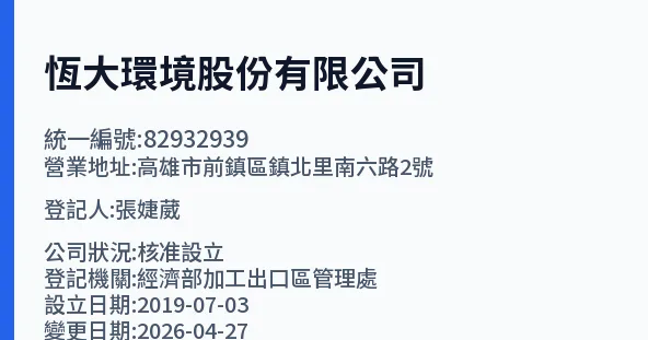 恆大環境股份有限公司的照片-統編 82932939(高雄市) 公司登記資料與營業項目詳細圖表