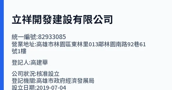立祥開發建設有限公司的照片-統編 82933085(高雄市) 公司登記資料與營業項目詳細圖表