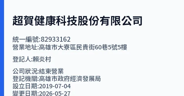 超賀健康科技股份有限公司的照片-統編 82933162(高雄市) 公司登記資料與營業項目詳細圖表