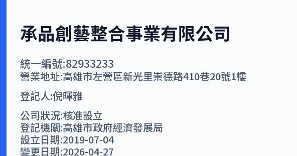 承品創藝整合事業有限公司的照片-統編 82933233(高雄市) 公司登記資料與營業項目詳細圖表