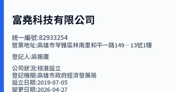 富堯科技有限公司的照片-統編 82933254(高雄市) 公司登記資料與營業項目詳細圖表
