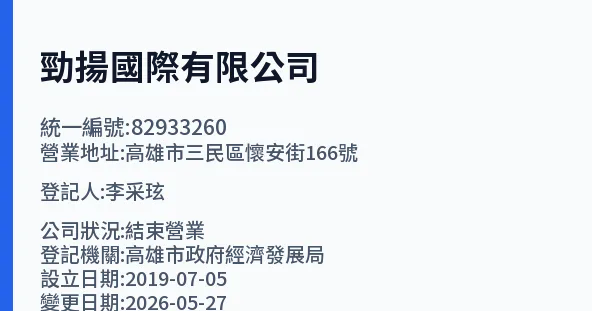 勁揚國際有限公司的照片-統編 82933260(高雄市) 公司登記資料與營業項目詳細圖表