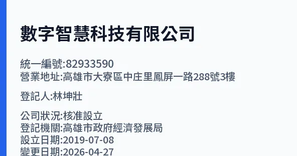數字智慧科技有限公司的照片-統編 82933590(高雄市) 公司登記資料與營業項目詳細圖表