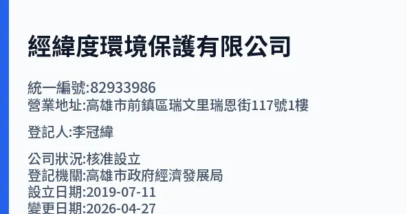 經緯度環境保護有限公司的照片-統編 82933986(高雄市) 公司登記資料與營業項目詳細圖表