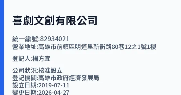 喜劇文創有限公司的照片-統編 82934021(高雄市) 公司登記資料與營業項目詳細圖表