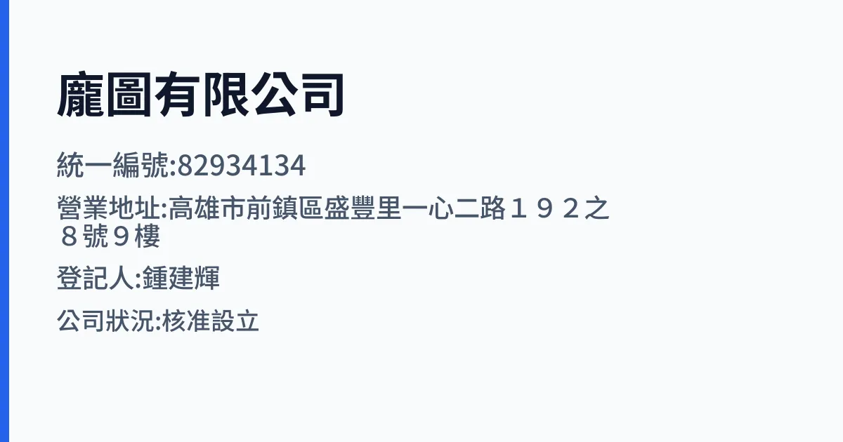 龐圖有限公司 - 統編 82934134(高雄市) 公司登記資料與營業項目詳細圖表