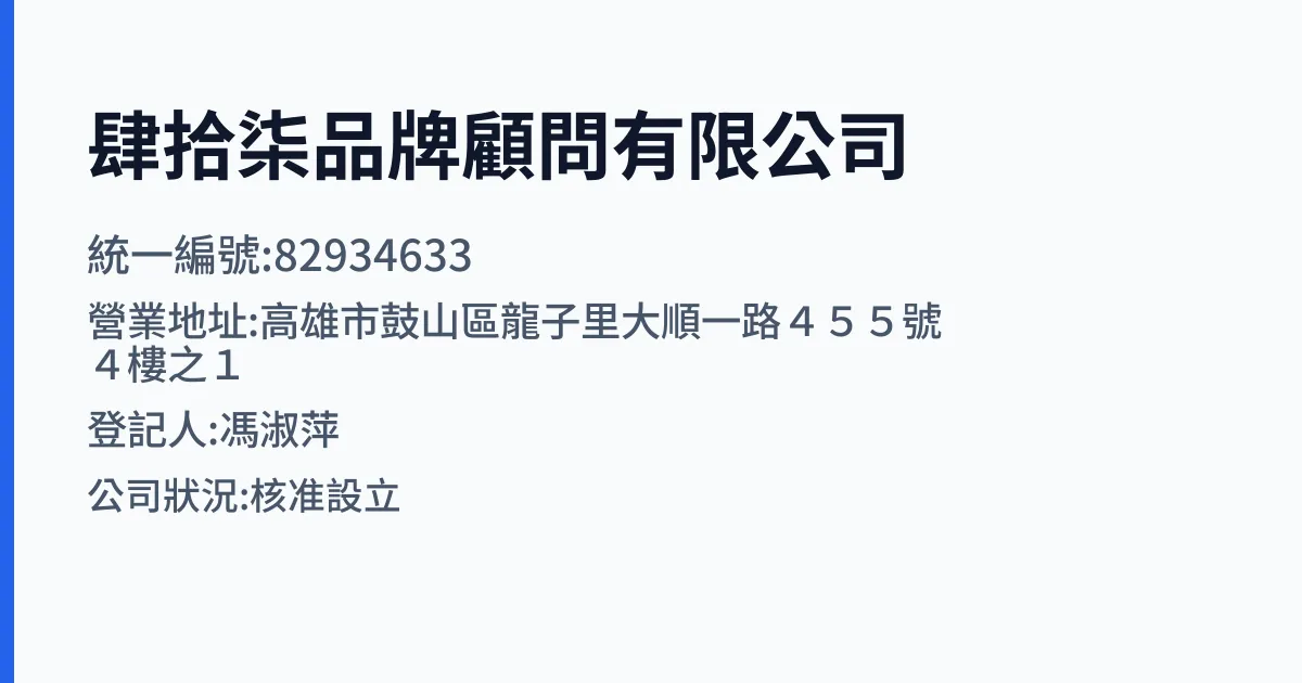 肆拾柒品牌顧問有限公司 - 統編 82934633(高雄市) 公司登記資料與營業項目詳細圖表