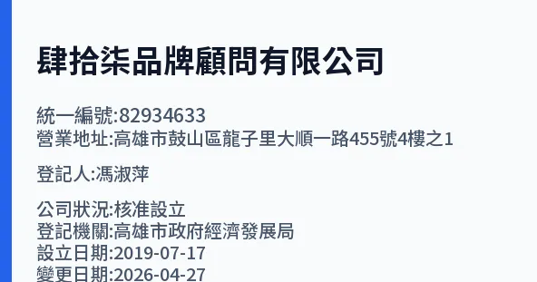 肆拾柒品牌顧問有限公司的照片-統編 82934633(高雄市) 公司登記資料與營業項目詳細圖表