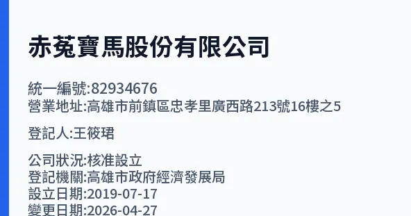 赤菟寶馬股份有限公司的照片-統編 82934676(高雄市) 公司登記資料與營業項目詳細圖表