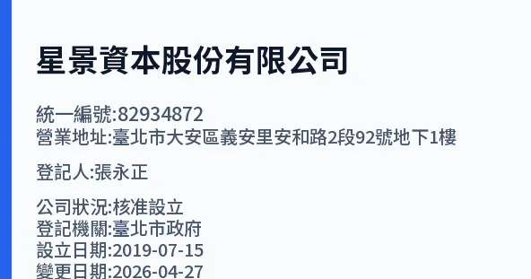 星景資本股份有限公司的照片-統編 82934872(臺北市) 公司登記資料與營業項目詳細圖表