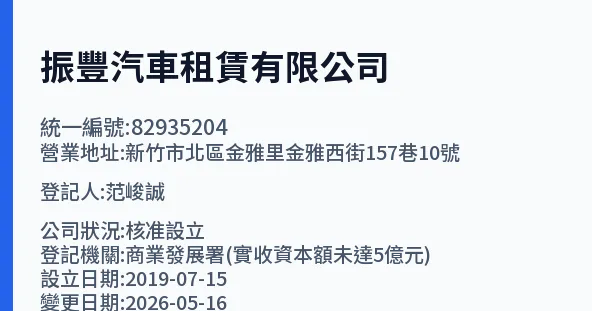 振豐汽車租賃有限公司的照片-統編 82935204(新竹市) 公司登記資料與營業項目詳細圖表