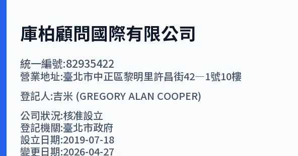 庫柏顧問國際有限公司的照片-統編 82935422(臺北市) 公司登記資料與營業項目詳細圖表