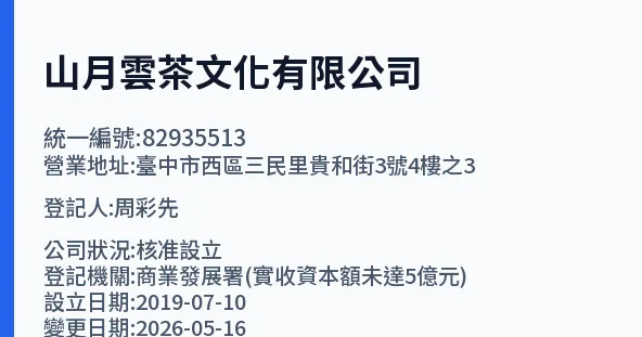 山月雲茶文化有限公司的照片-統編 82935513(臺中市) 公司登記資料與營業項目詳細圖表