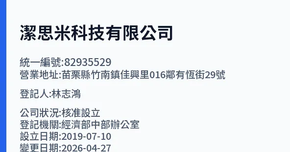 潔思米科技有限公司的照片-統編 82935529(苗栗縣) 公司登記資料與營業項目詳細圖表