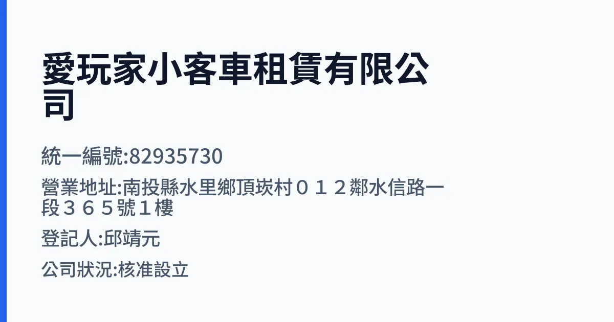 愛玩家小客車租賃有限公司 - 統編 82935730(南投縣) 公司登記資料與營業項目詳細圖表