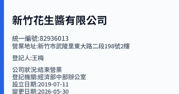 新竹花生醬有限公司的照片-統編 82936013(新竹縣) 公司登記資料與營業項目詳細圖表