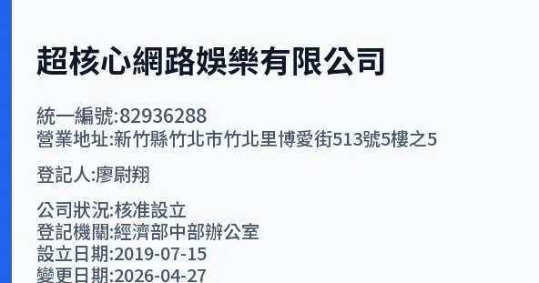 超核心網路娛樂有限公司的照片-統編 82936288(新竹縣) 公司登記資料與營業項目詳細圖表