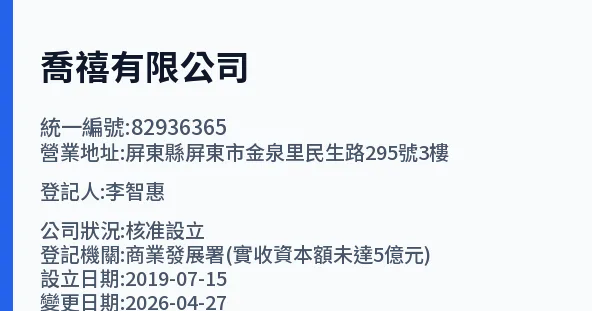 喬禧有限公司的照片-統編 82936365(屏東縣) 公司登記資料與營業項目詳細圖表