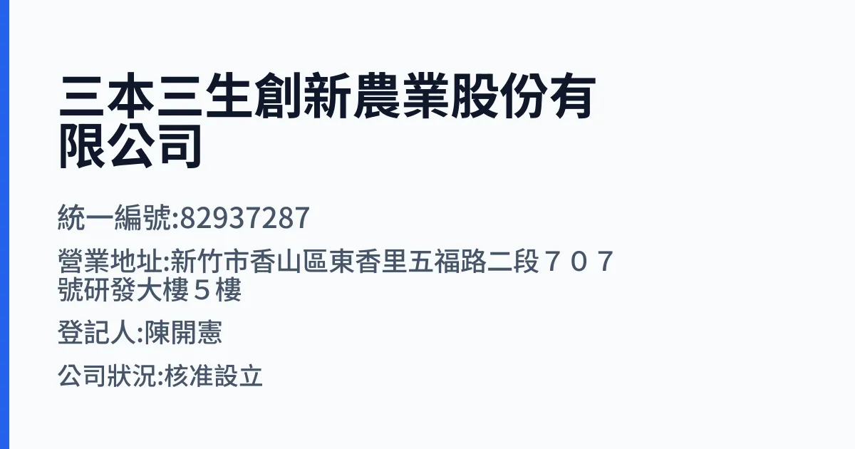 三本三生創新農業股份有限公司 - 統編 82937287(新竹市) 公司登記資料與營業項目詳細圖表