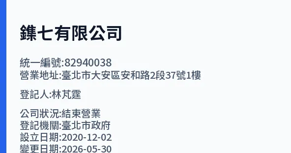 鏶七有限公司的照片-統編 82940038(臺北市) 公司登記資料與營業項目詳細圖表