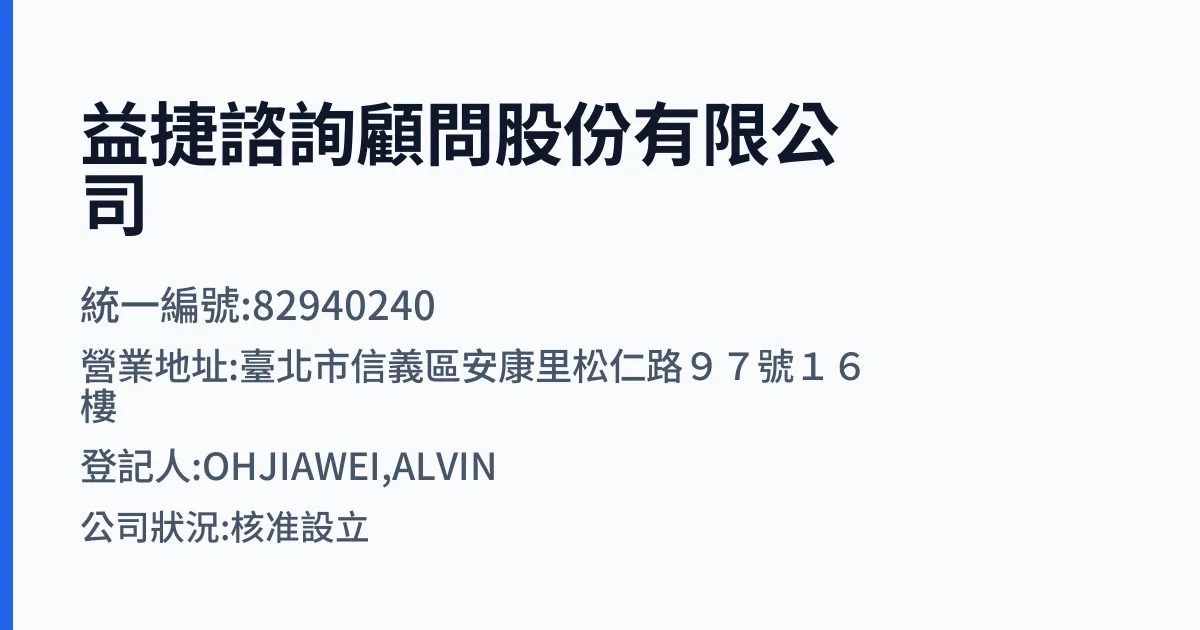 益捷諮詢顧問股份有限公司 - 統編 82940240(臺北市) 公司登記資料與營業項目詳細圖表