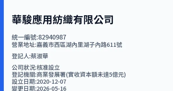 華駿應用紡織有限公司的照片-統編 82940987(嘉義市) 公司登記資料與營業項目詳細圖表