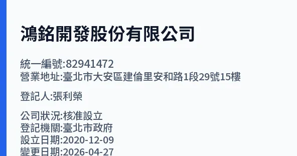 鴻銘開發股份有限公司的照片-統編 82941472(臺北市) 公司登記資料與營業項目詳細圖表