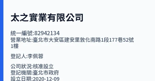 太之實業有限公司的照片-統編 82942134(臺北市) 公司登記資料與營業項目詳細圖表