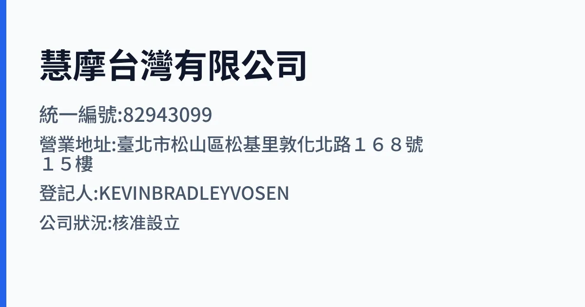 慧摩台灣有限公司 - 統編 82943099(臺北市) 公司登記資料與營業項目詳細圖表