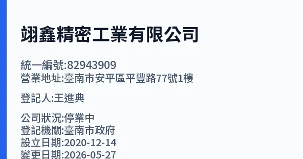 翊鑫精密工業有限公司的照片-統編 82943909(臺南市) 公司登記資料與營業項目詳細圖表
