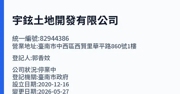 宇鉉土地開發有限公司的照片-統編 82944386(臺南市) 公司登記資料與營業項目詳細圖表