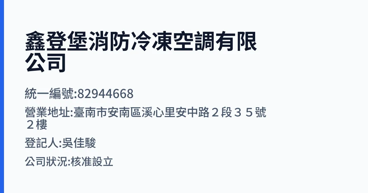 鑫登堡消防冷凍空調有限公司 - 統編 82944668(臺南市) 公司登記資料與營業項目詳細圖表