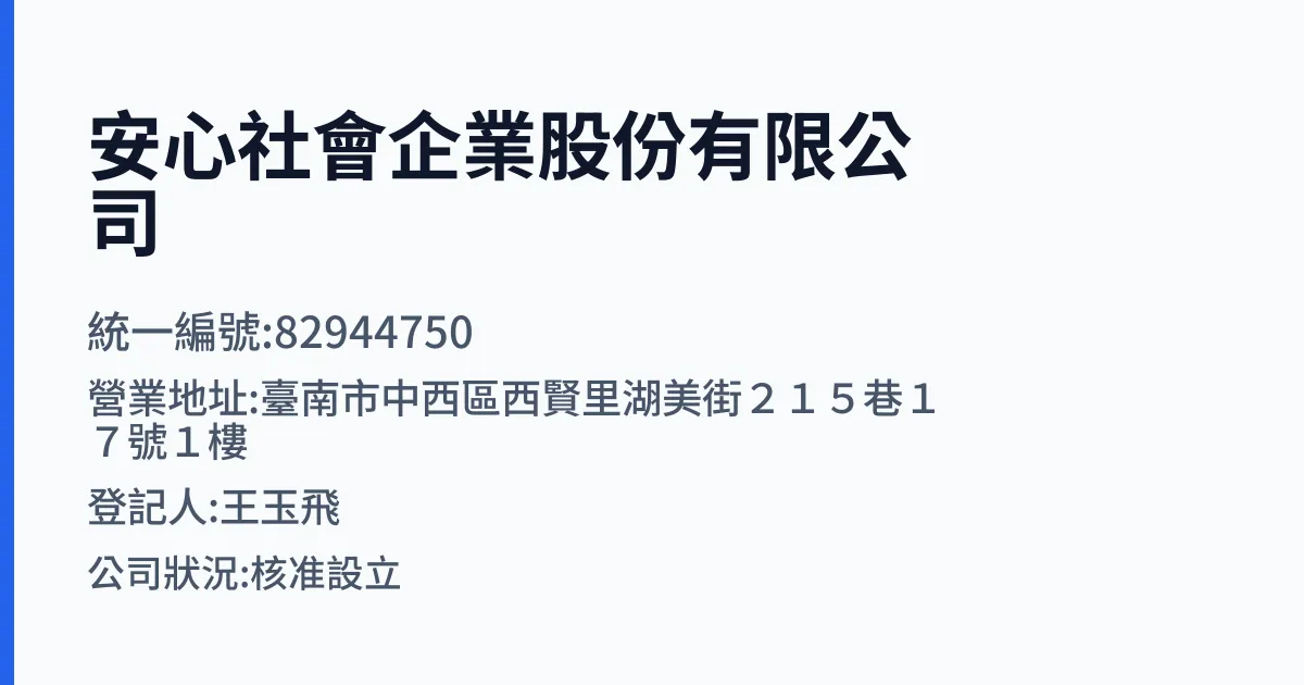 安心社會企業股份有限公司 - 統編 82944750(臺南市) 公司登記資料與營業項目詳細圖表