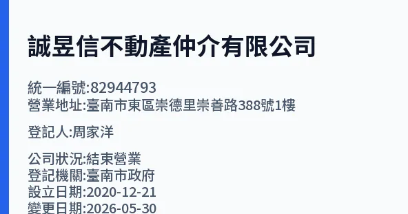 誠昱信不動產仲介有限公司的照片-統編 82944793(臺南市) 公司登記資料與營業項目詳細圖表