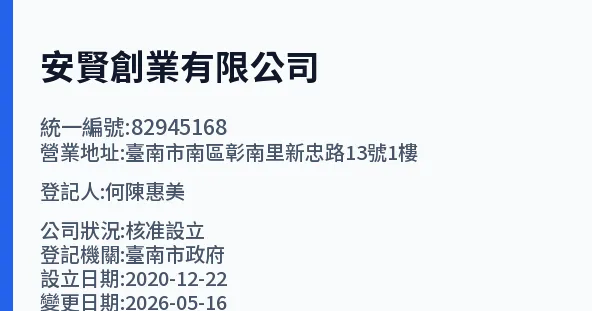 安賢創業有限公司的照片-統編 82945168(臺南市) 公司登記資料與營業項目詳細圖表