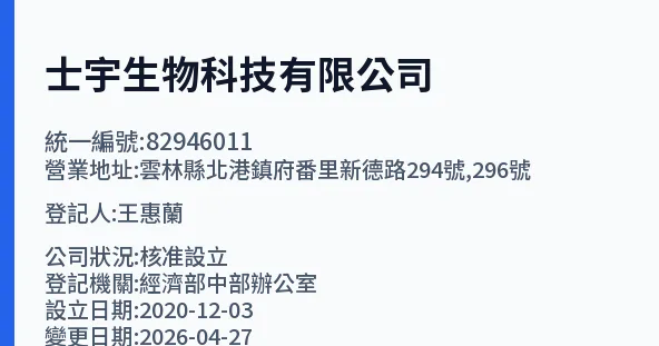 士宇生物科技有限公司的照片-統編 82946011(雲林縣) 公司登記資料與營業項目詳細圖表