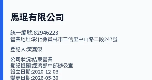 馬琨有限公司的照片-統編 82946223(彰化縣) 公司登記資料與營業項目詳細圖表
