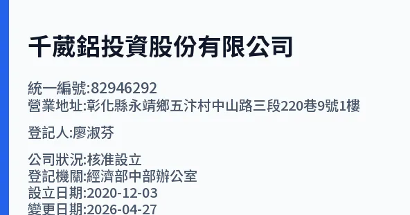 千葳鋁投資股份有限公司的照片-統編 82946292(彰化縣) 公司登記資料與營業項目詳細圖表