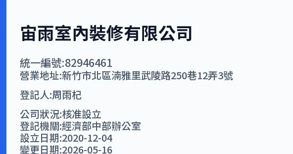 宙雨室內裝修有限公司的照片-統編 82946461(新竹市) 公司登記資料與營業項目詳細圖表