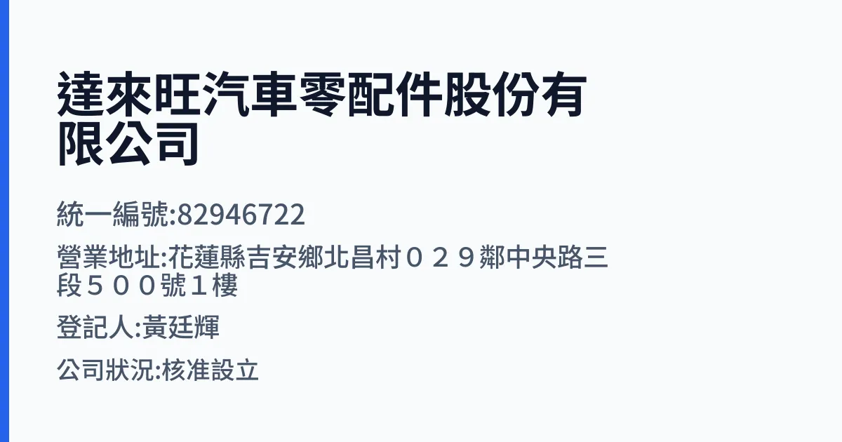 達來旺汽車零配件股份有限公司 - 統編 82946722(花蓮縣) 公司登記資料與營業項目詳細圖表