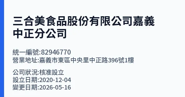 三合美食品股份有限公司嘉義中正分公司的照片-統編 82946770(嘉義市) 公司登記資料與營業項目詳細圖表