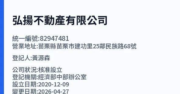 弘揚不動產有限公司的照片-統編 82947481(苗栗縣) 公司登記資料與營業項目詳細圖表